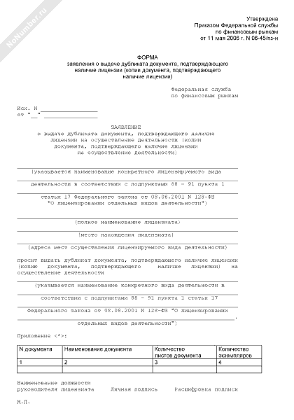 Заявление о выдаче дубликата документа подтверждающего наличие лицензии на осуществление